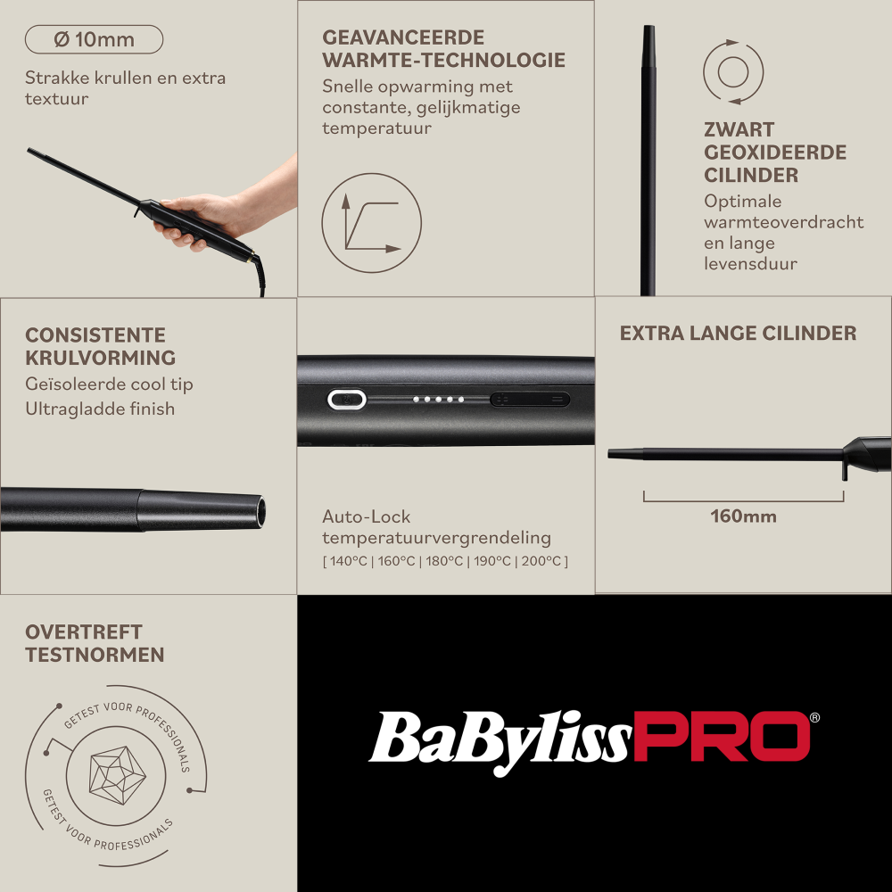 BaBylissPRO Curling Wand 10mm - Tight Curls & Ringlets
